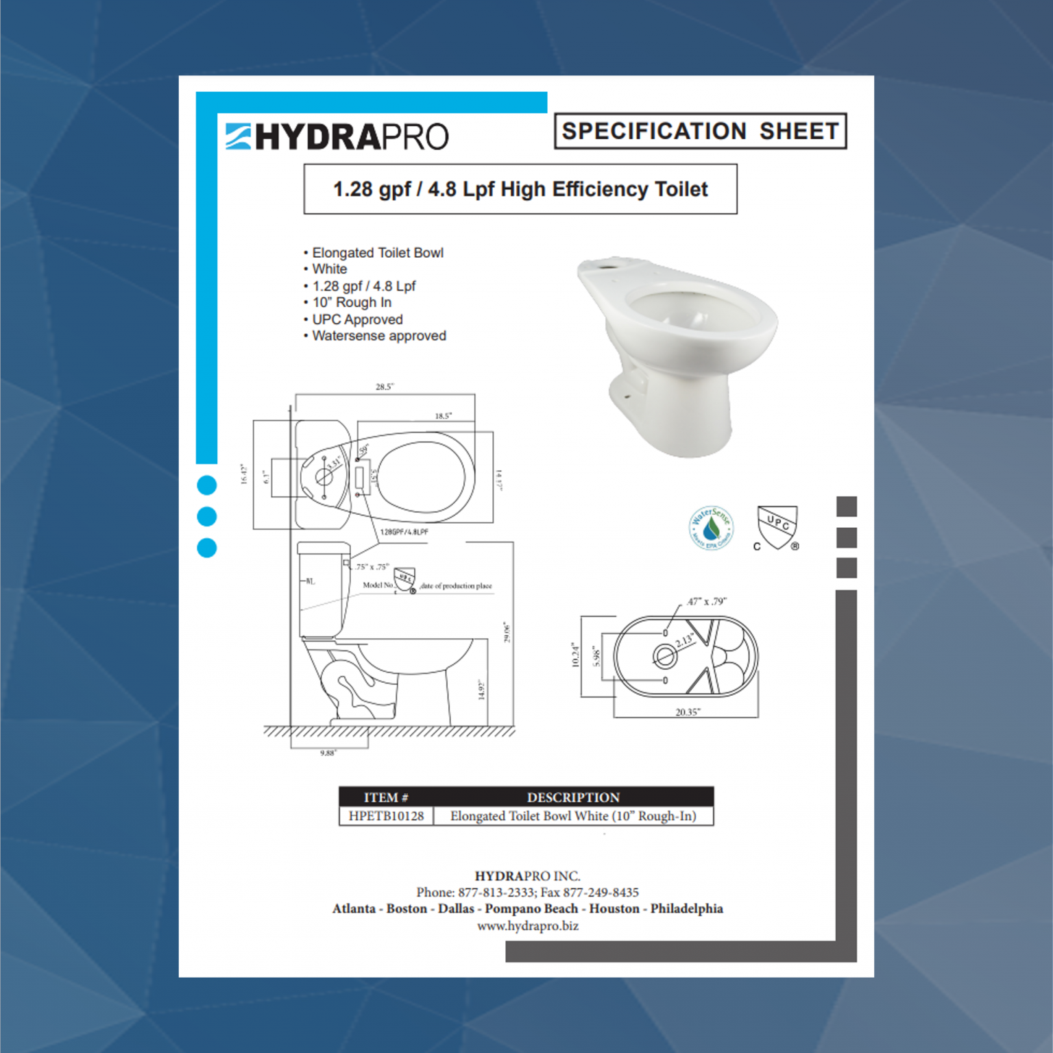 10" Rough-In Elongated Toilet - HydraPro