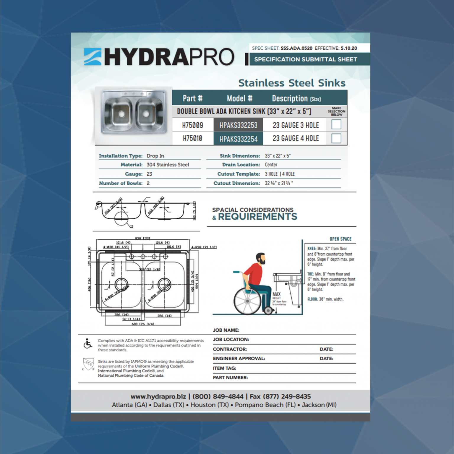 Double Bowl ADA Kitchen Sink (Model #HPAKS332253/54) - HydraPro