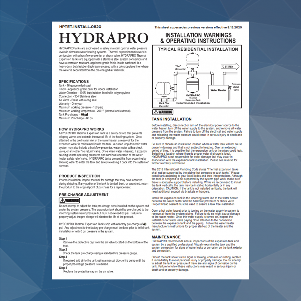 Expansion Tanks Installation Warnings - HydraPro